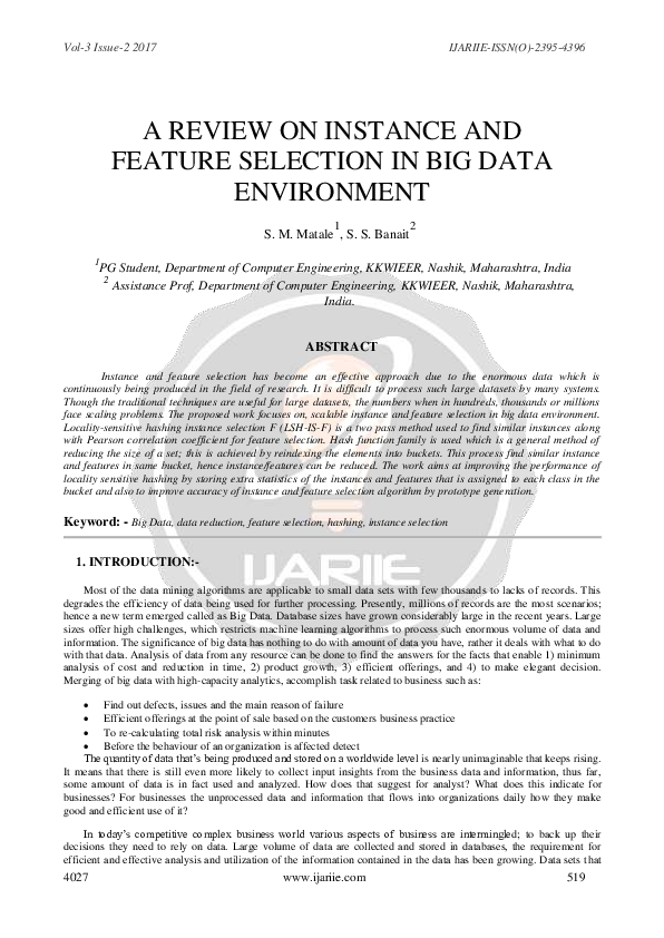 (PDF) A Review on Instance and Feature Selection in Big Data Environment