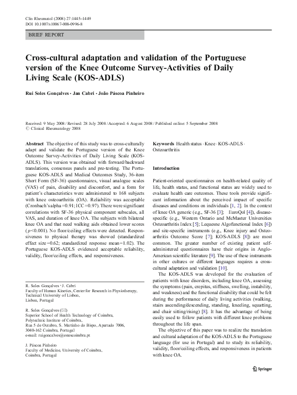 (PDF) Cross-cultural adaptation and validation of the Portuguese version of the Knee Outcome ...