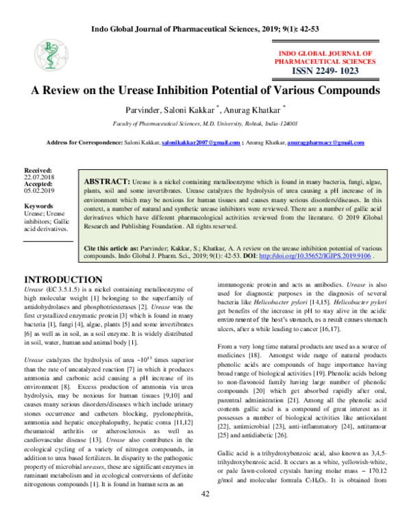 (PDF) A Review on the Urease Inhibition Potential of Various Compounds