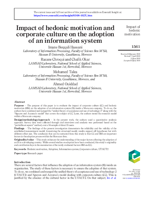 (PDF) Impact of hedonic motivation and corporate culture on the ...