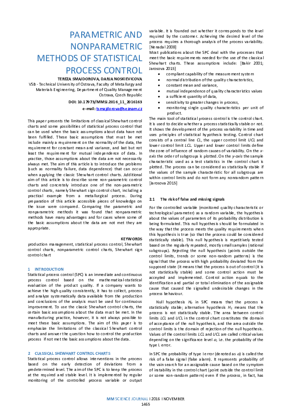 (PDF) Parametric and Nonparametric Methods of Statistical Process Control