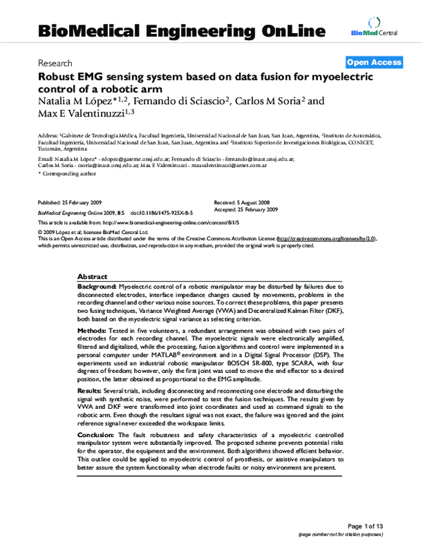 (PDF) Robust EMG sensing system based on data fusion for myoelectric control of a robotic arm ...