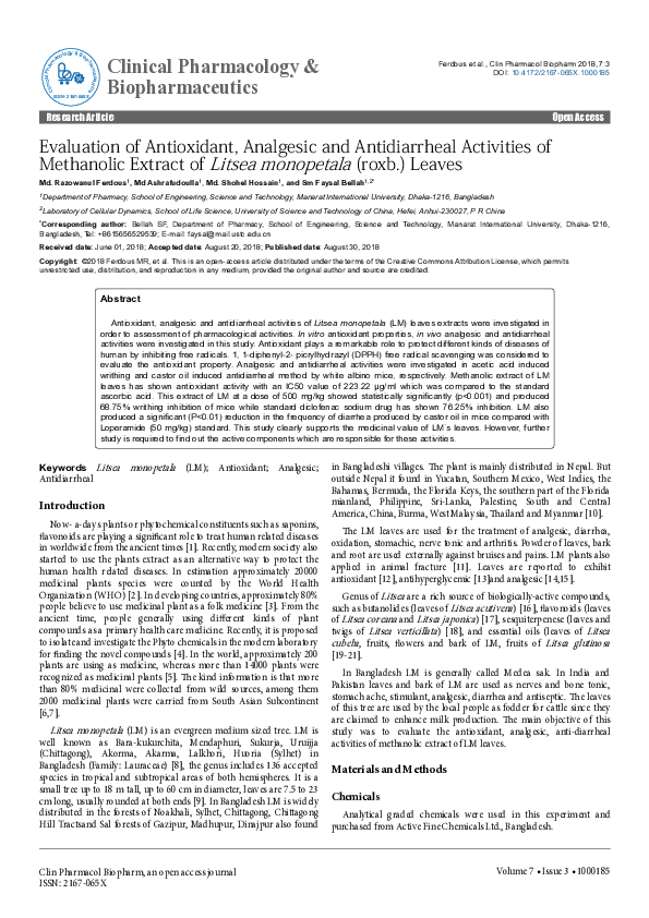 (PDF) Evaluation of Antioxidant, Analgesic and Antidiarrheal Activities of Methanolic Extract of ...