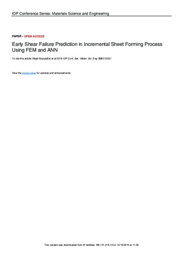 (PDF) Early Shear Failure Prediction in Incremental Sheet Forming Process Using FEM and ANN