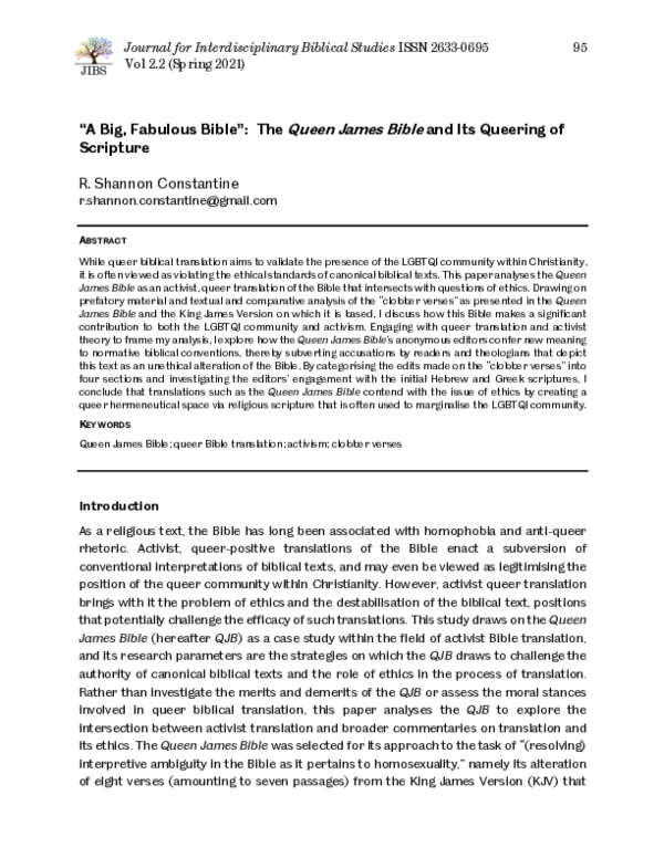 (PDF) A Big, Fabulous Bible": The Queen James Bible and Its Queering of ...