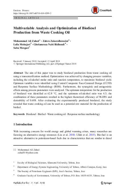 (PDF) Multivariable Analysis and Optimization of Biodiesel Production from Waste Cooking Oil