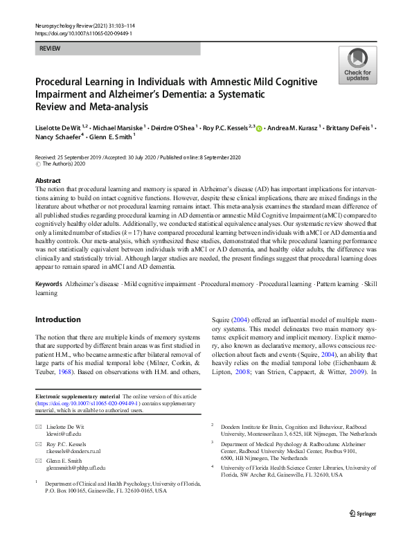 (PDF) Procedural Learning in Individuals with Amnestic Mild Cognitive Impairment and Alzheimer’s ...