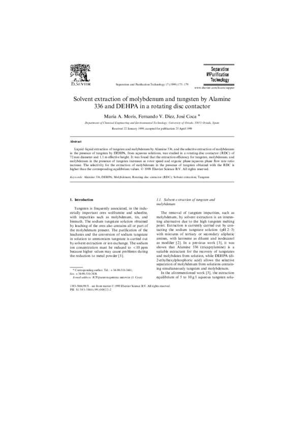 (PDF) Solvent extraction of molybdenum and tungsten by Alamine 336 and ...