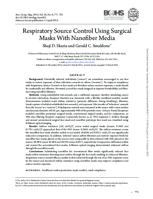 (PDF) Respiratory Source Control Using Surgical Masks With Nanofiber Media