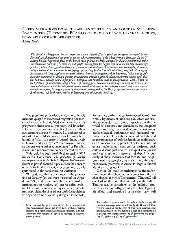 (PDF) Greek migrations from the Aegean to the Ionian coast of Southern ...