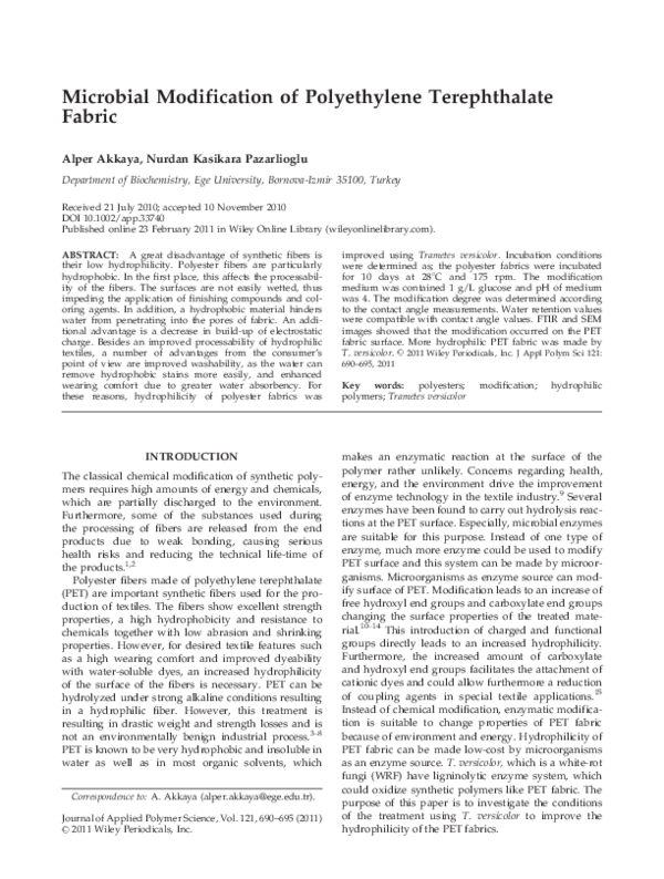 (PDF) Microbial modification of polyethylene terephthalate fabric