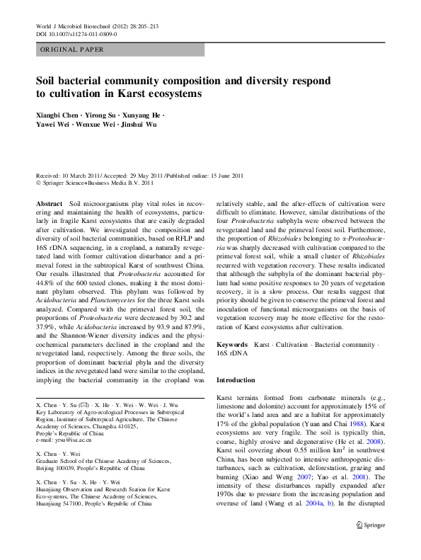 (PDF) Soil bacterial community composition and diversity respond to cultivation in Karst ...