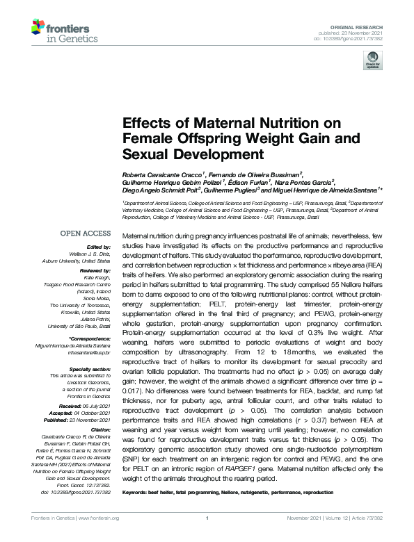 (PDF) Effects of Maternal Nutrition on Female Offspring Weight Gain and ...