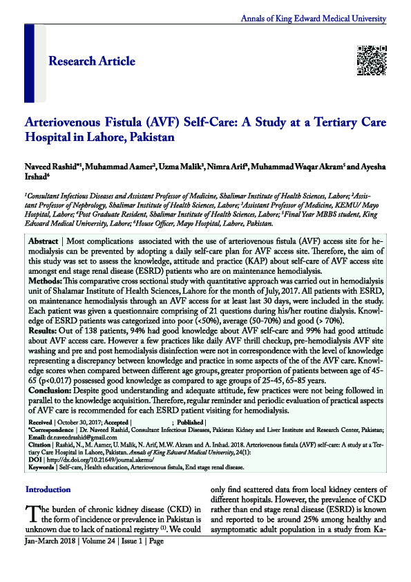(PDF) Arteriovenous Fistula (AVF) Self-Care: A Study at a Tertiary Care ...