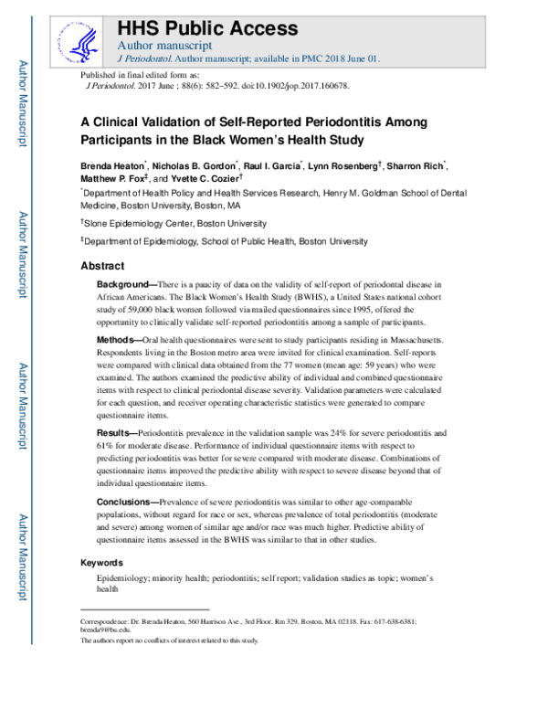 (PDF) A Clinical Validation of Self-Reported Periodontitis Among ...