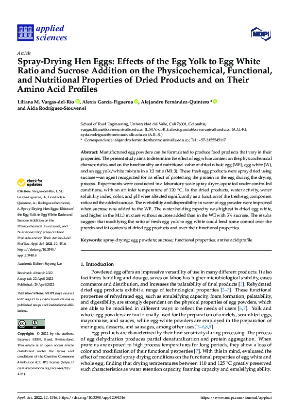 (PDF) Spray-Drying Hen Eggs: Effects of the Egg Yolk to Egg White Ratio and Sucrose Addition on ...