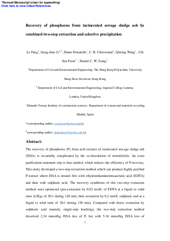 (PDF) Recovery of phosphorus from incinerated sewage sludge ash by ...