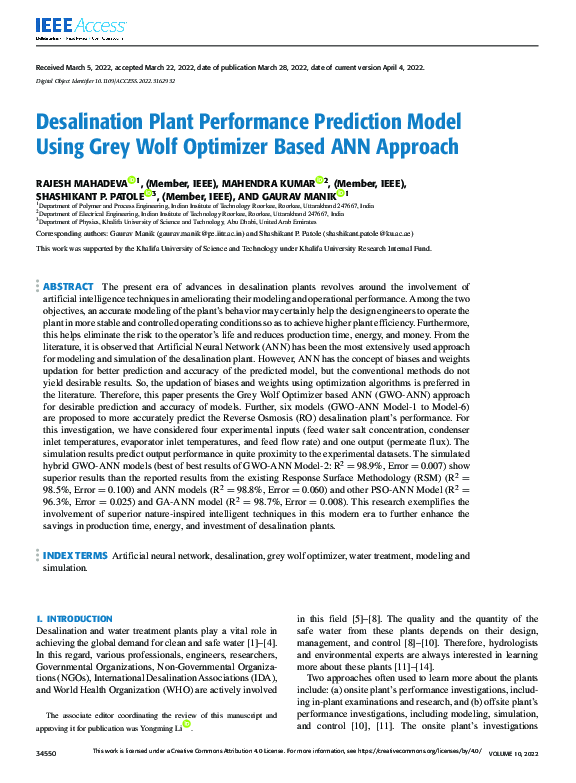 (PDF) Desalination Plant Performance Prediction Model Using Grey Wolf Optimizer Based ANN Approach