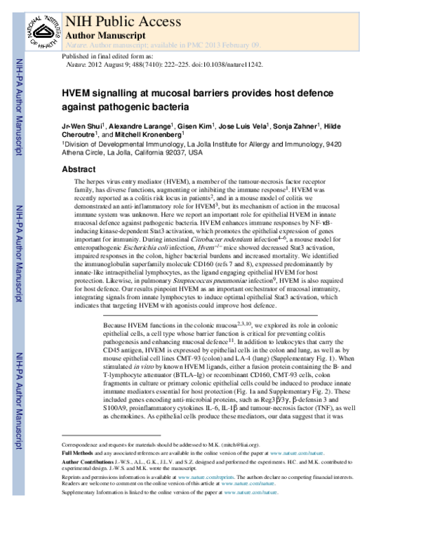 (PDF) HVEM signalling at mucosal barriers provides host defence against ...