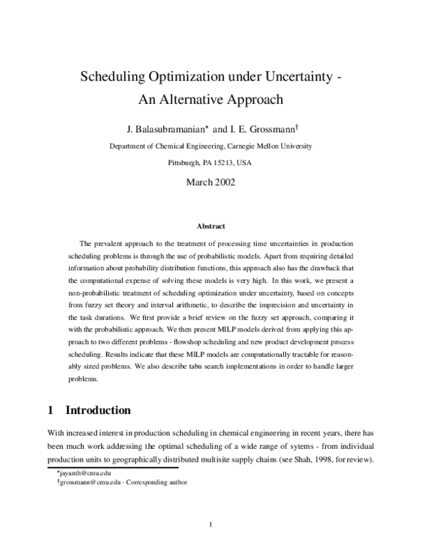 (PDF) Scheduling optimization under uncertainty—an alternative approach