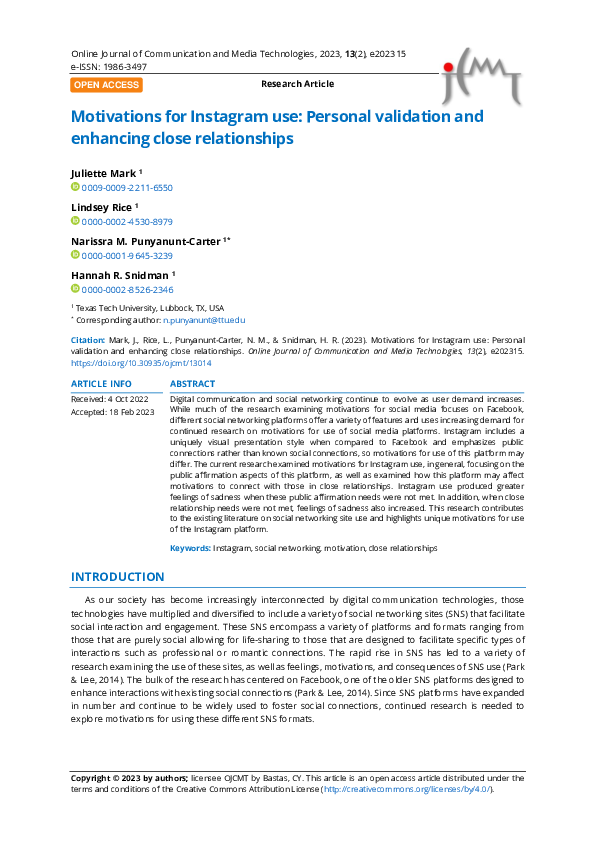 (PDF) Motivations for Instagram use: Personal validation and enhancing close relationships