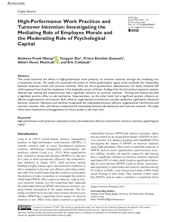 (PDF) High-Performance Work Practices and Turnover Intention ...