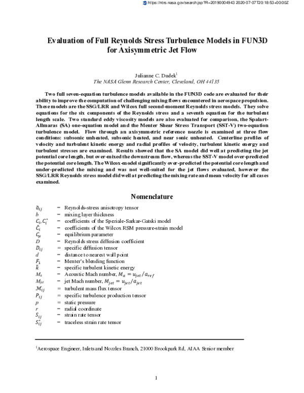 (PDF) Evaluation of Full Reynolds Stress Turbulence Models in FUN3D for ...