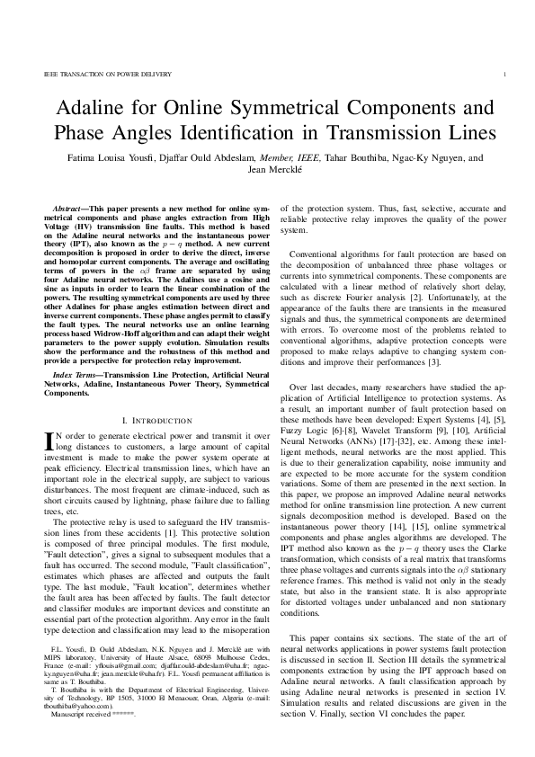(PDF) Adaline for Online Symmetrical Components and Phase-Angles Identification in Transmission ...