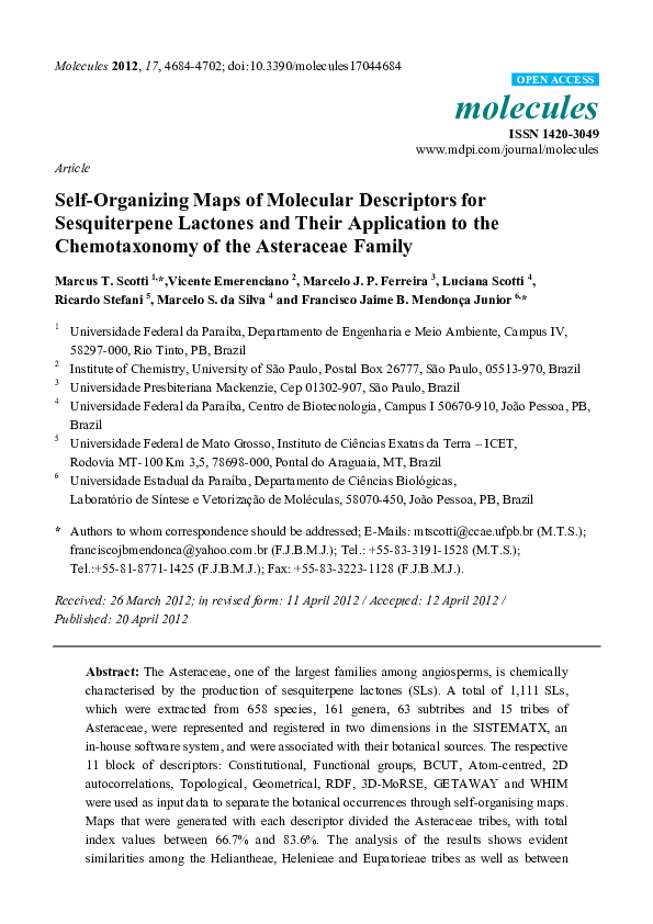 (PDF) Self-Organizing Maps of Molecular Descriptors for Sesquiterpene Lactones and Their ...