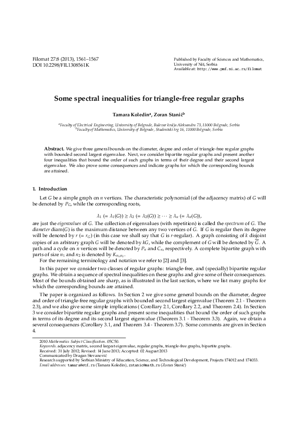 (PDF) Some spectral inequalities for triangle-free regular graphs