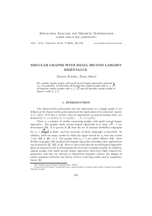 (PDF) Regular graphs with small second largest eigenvalue