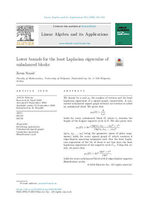 Pdf Lower Bounds For The Least Laplacian Eigenvalue Of Unbalanced Blocks