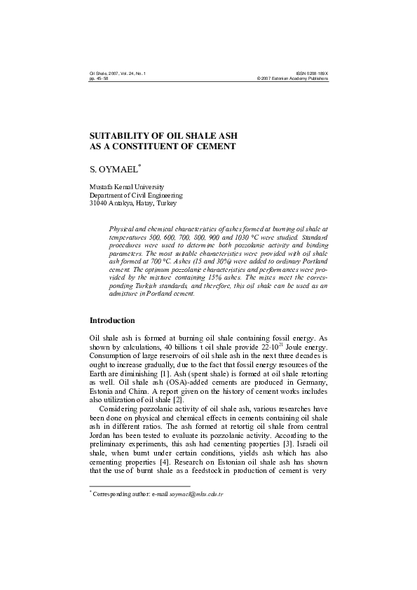 (PDF) Suitability of Oil Shale Ash as a Constituent of Cement