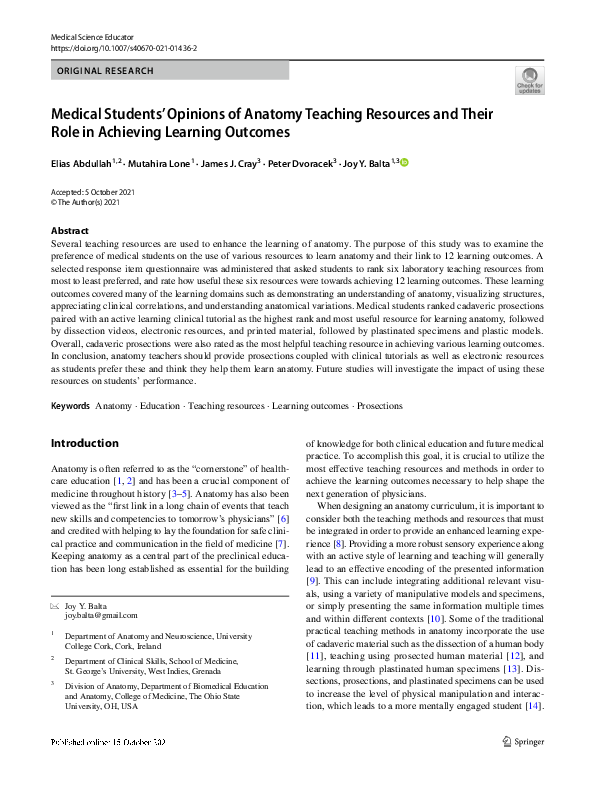 (PDF) Medical Students’ Opinions of Anatomy Teaching Resources and ...