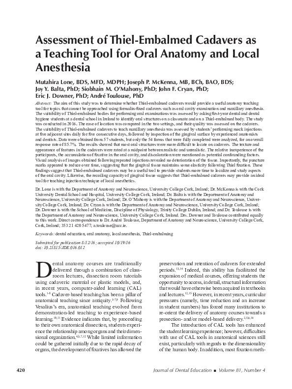 (PDF) Assessment of Thiel-Embalmed Cadavers as a Teaching Tool for Oral ...