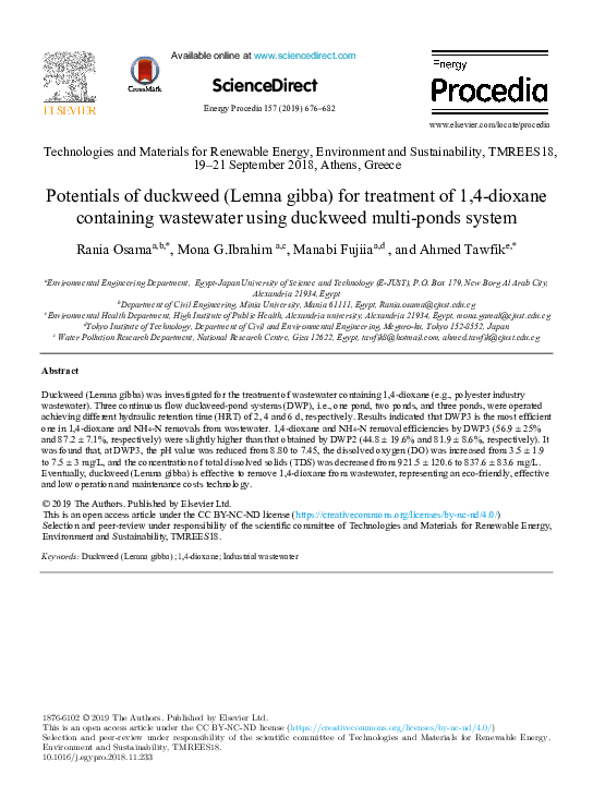 (PDF) Potentials of duckweed (Lemna gibba) for treatment of 1,4-dioxane containing wastewater ...