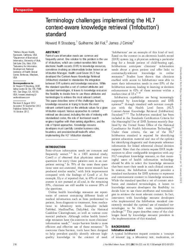 (PDF) Terminology challenges implementing the HL7 context-aware knowledge retrieval ('Infobutton ...