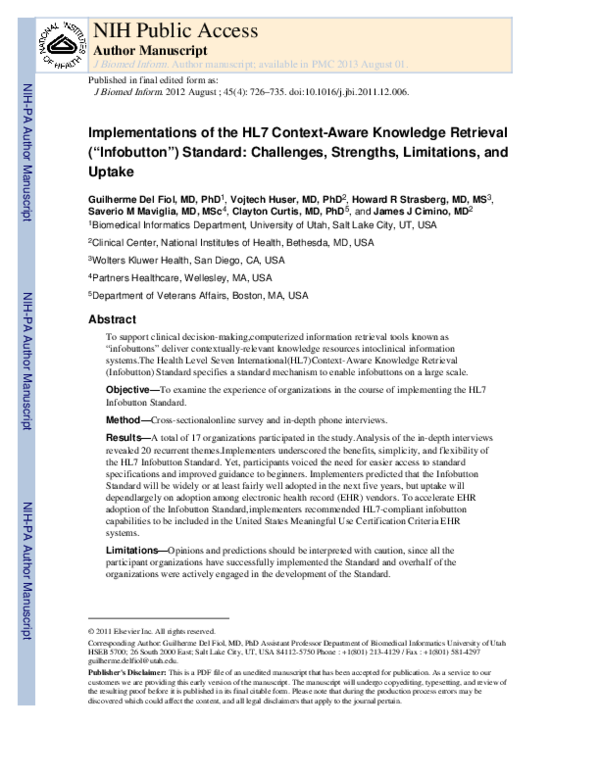 (PDF) Implementations of the HL7 Context-Aware Knowledge Retrieval (“Infobutton”) Standard ...