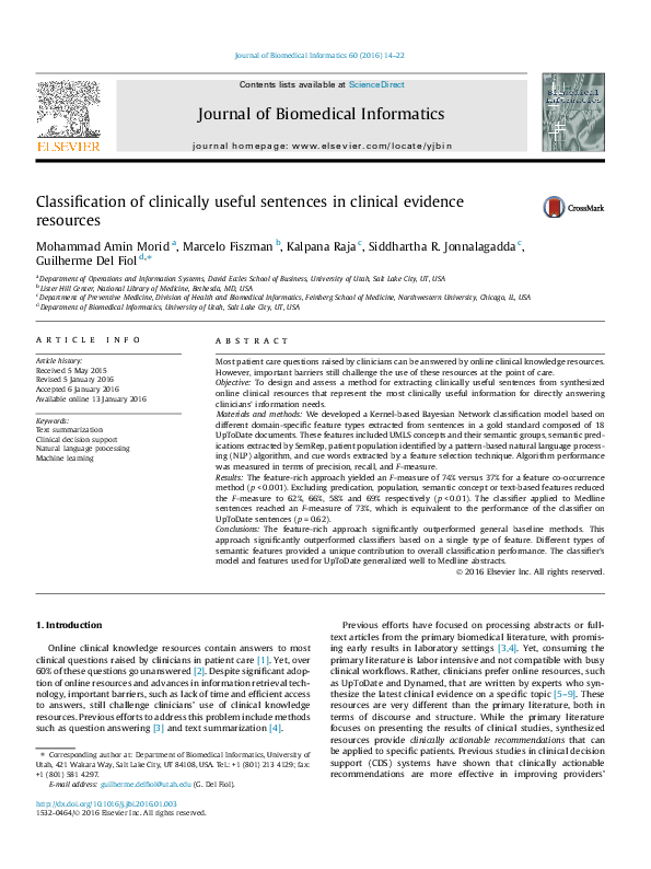 (PDF) Classification of clinically useful sentences in clinical ...
