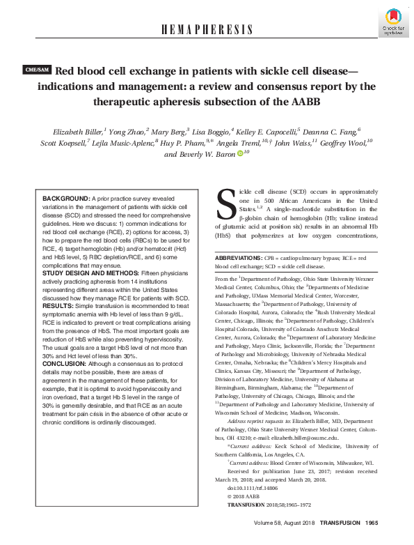 (PDF) Red blood cell exchange in patients with sickle cell disease ...