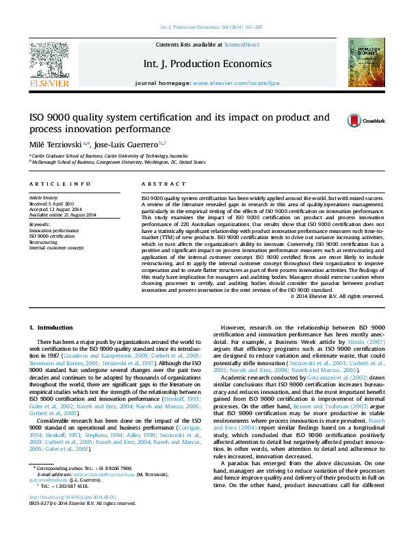 (PDF) ISO 9000 quality system certification and its impact on product ...
