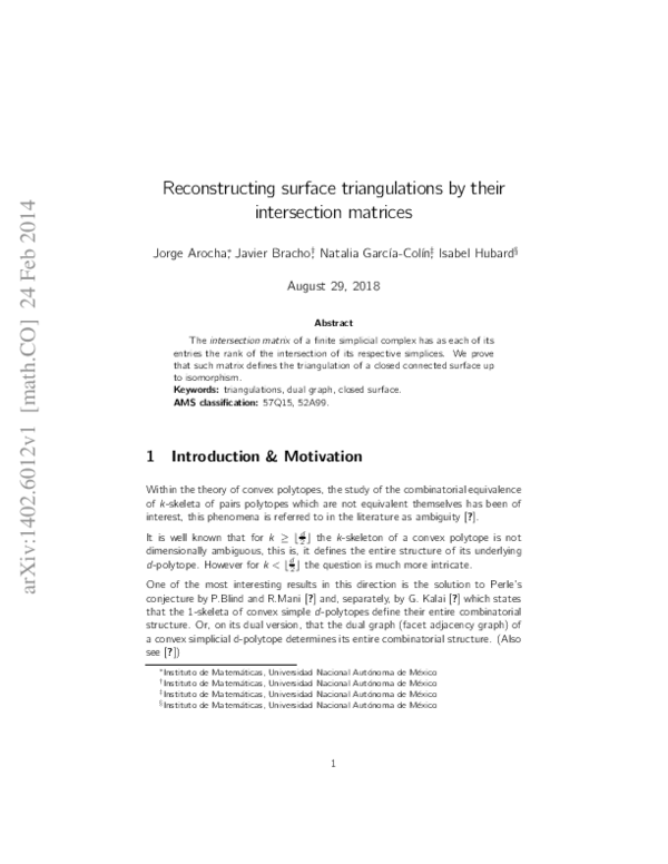 (PDF) Reconstructing surface triangulations by their intersection matrices