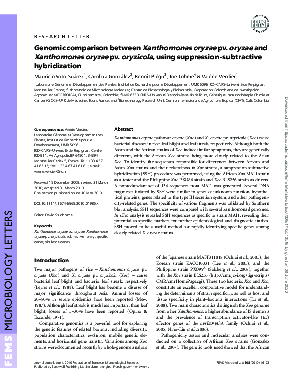 (PDF) Genomic comparison between Xanthomonas oryzae pv. oryzae and ...