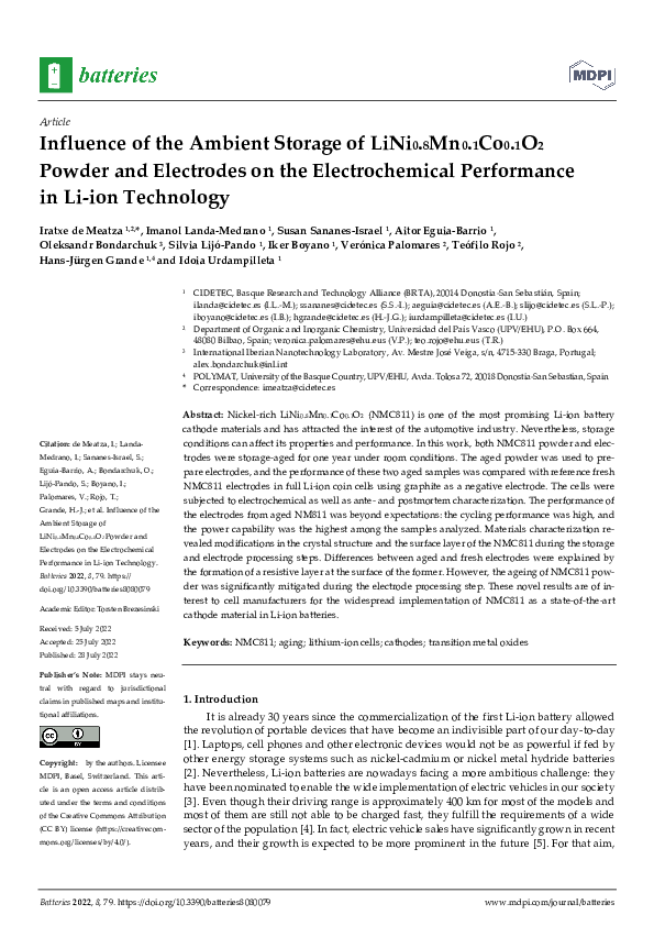 (PDF) Influence of the Ambient Storage of LiNi0.8Mn0.1Co0.1O2 Powder and Electrodes on the ...