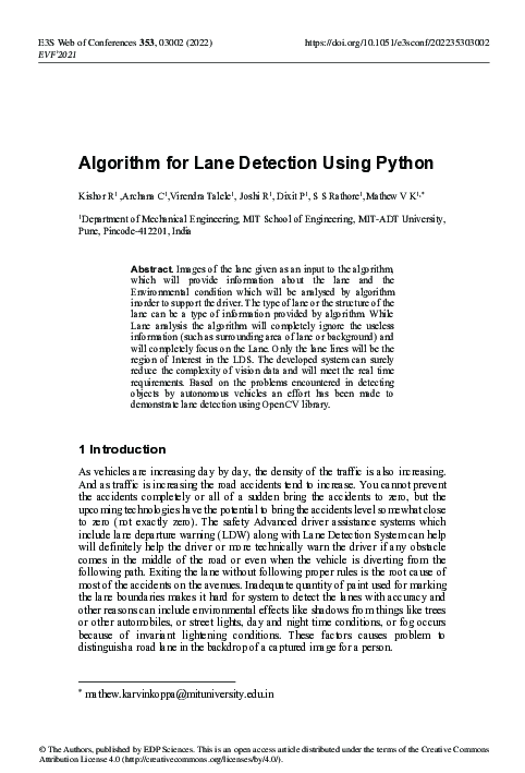 Pdf Algorithm For Lane Detection Using Python Virendra Talele