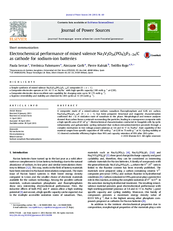(PDF) Electrochemical performance of mixed valence Na3V2O2x(PO4)2F3−2x ...