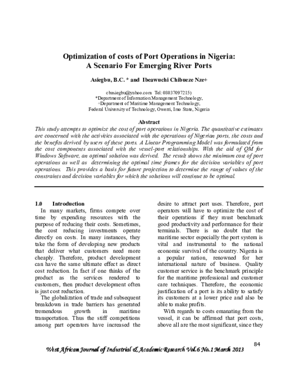 (PDF) Optimization of costs of Port Operations in Nigeria: A Scenario ...