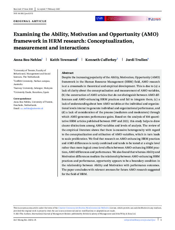 (PDF) Examining the Ability, Motivation and Opportunity (AMO) framework in HRM research ...