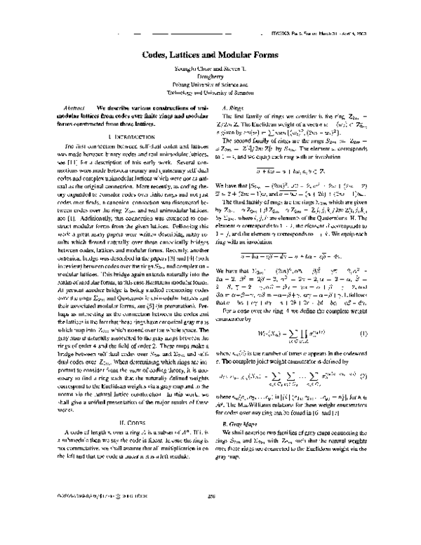 (PDF) Codes, lattices and modular forms