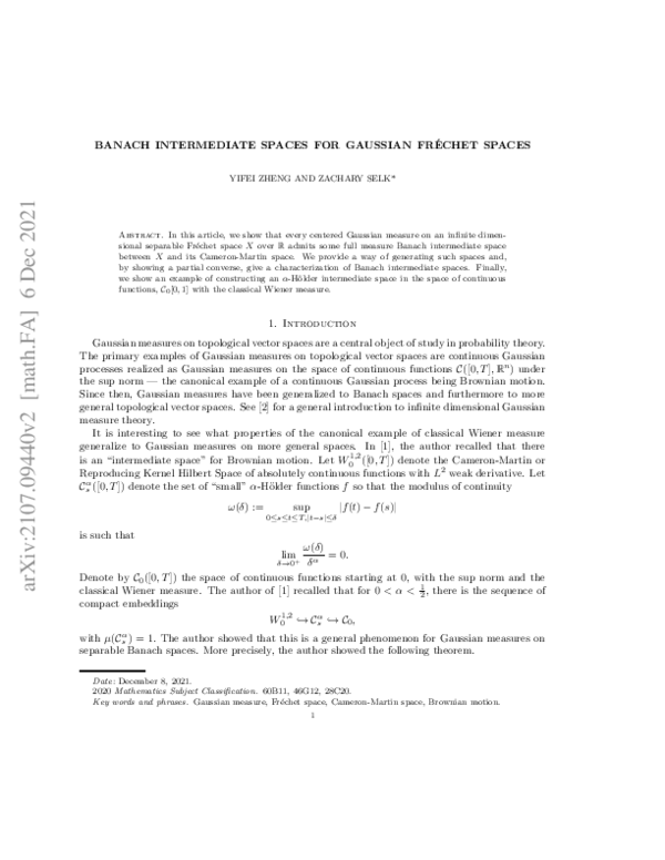 (PDF) Banach Intermediate Spaces for Gaussian Fr\'{e}chet Spaces